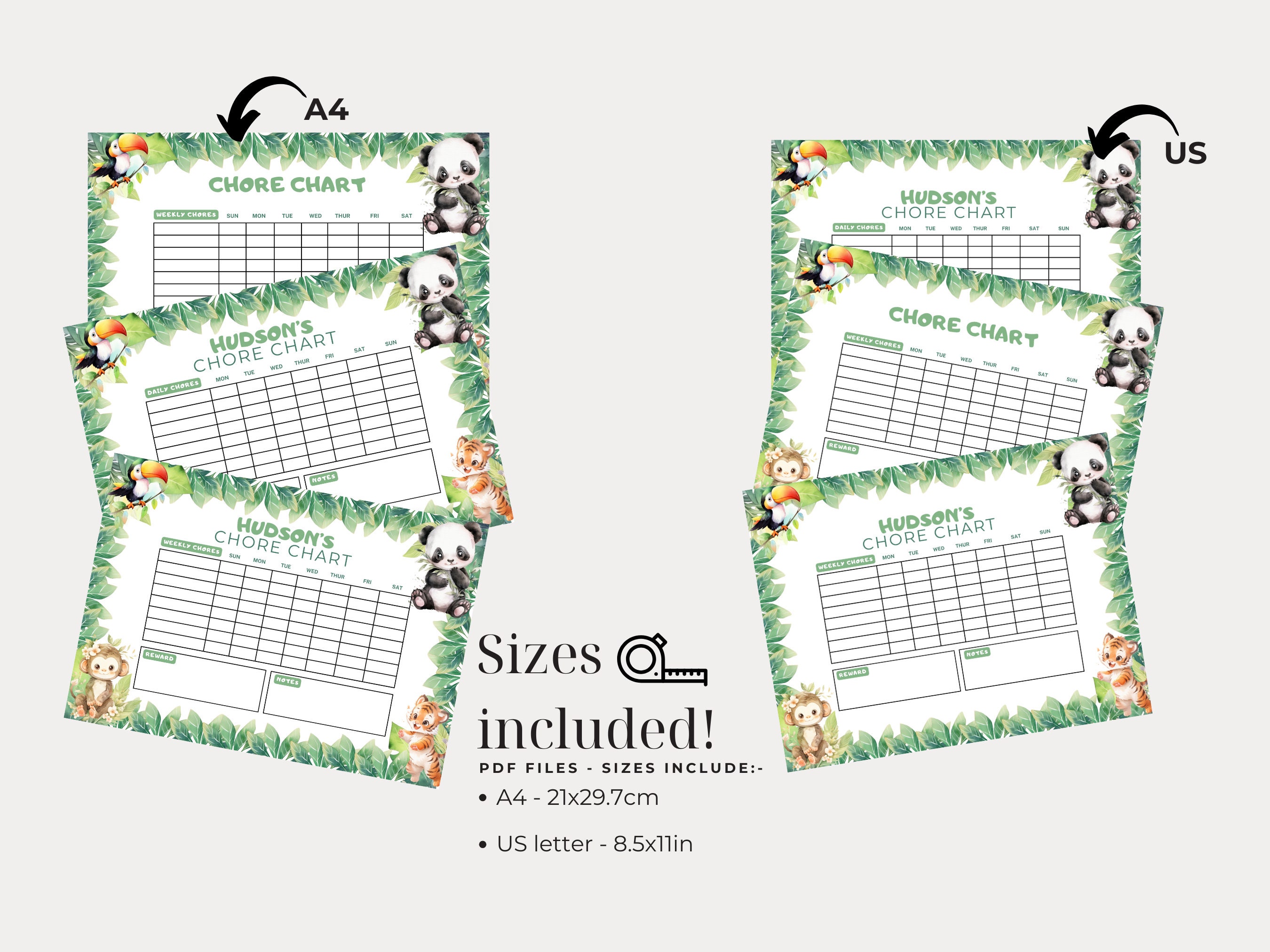 Weekly and Daily Chore Chart for Kids, Safari Animal Themed ...