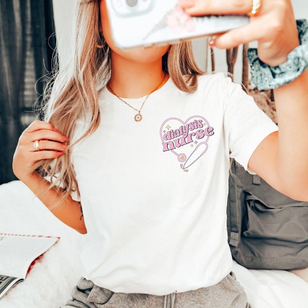 Dialysis Nurse Minimalist T-shirt, CDN Stethoscope Heart RN Left Chest Pocket Shirt ...