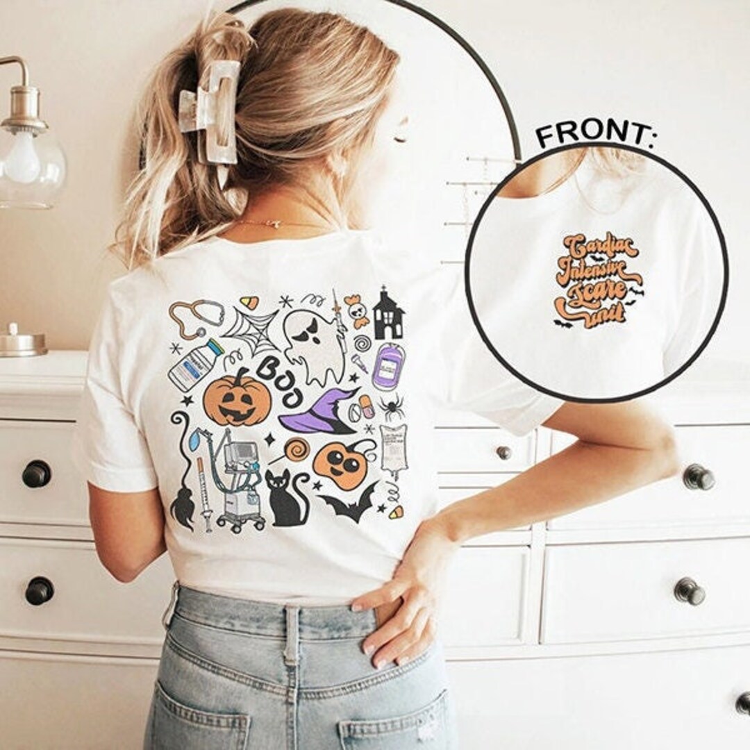 Halloween CICU Nurse Shirt, Cardiac Intensive Scare Unit Doodles Back ...