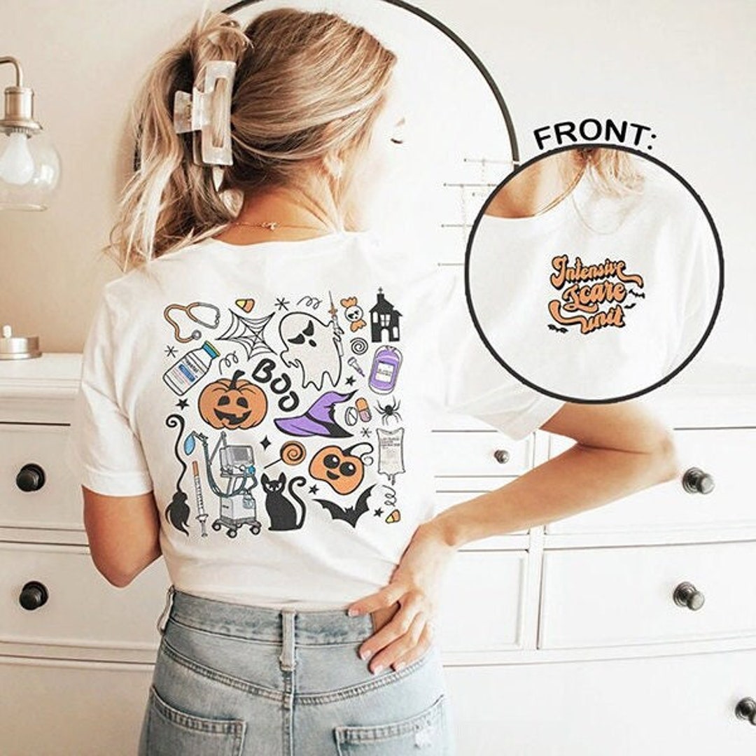 Halloween ICU Nurse Shirt, Intensive Scare Unit Doodles Back Design Tee ...