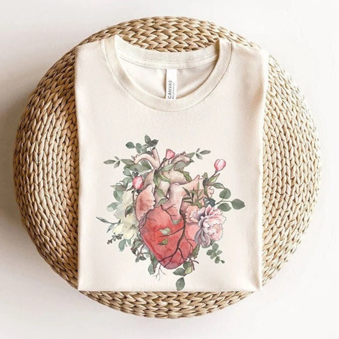 Watercolor Floral Anatomical Heart T Shirt, Human Heart Spring Tee ...