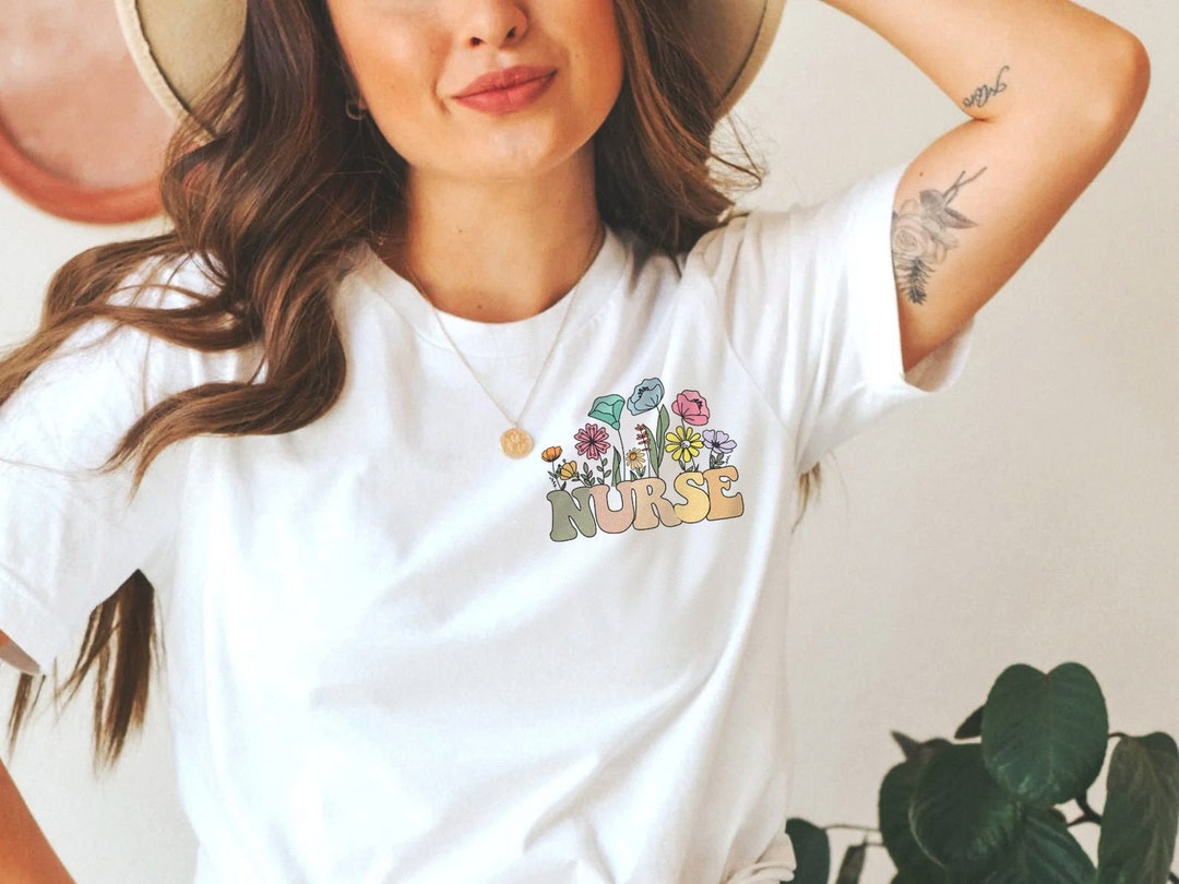 Wildflowers Nurse Shirt, Cute Nurse Left Chest Pocket Spring Tee ...