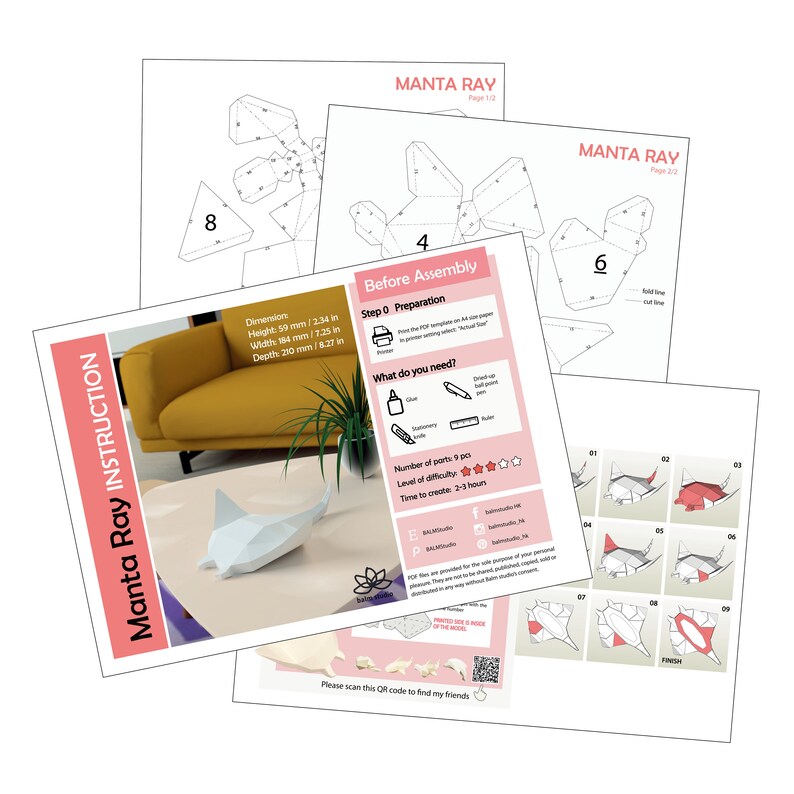 Manta Ray, 3D Origami Papercraft, Animal Origami, Decoration, Diy ...