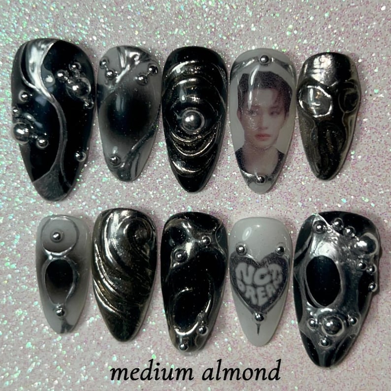 Custom Kpop Inspired Presson Nails Ateez NCT EXAMPLE Silver Chrome ...