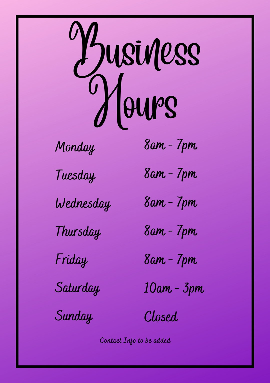 Digital Custom Business Hours Poster Sign | Personalized Business Hours ...