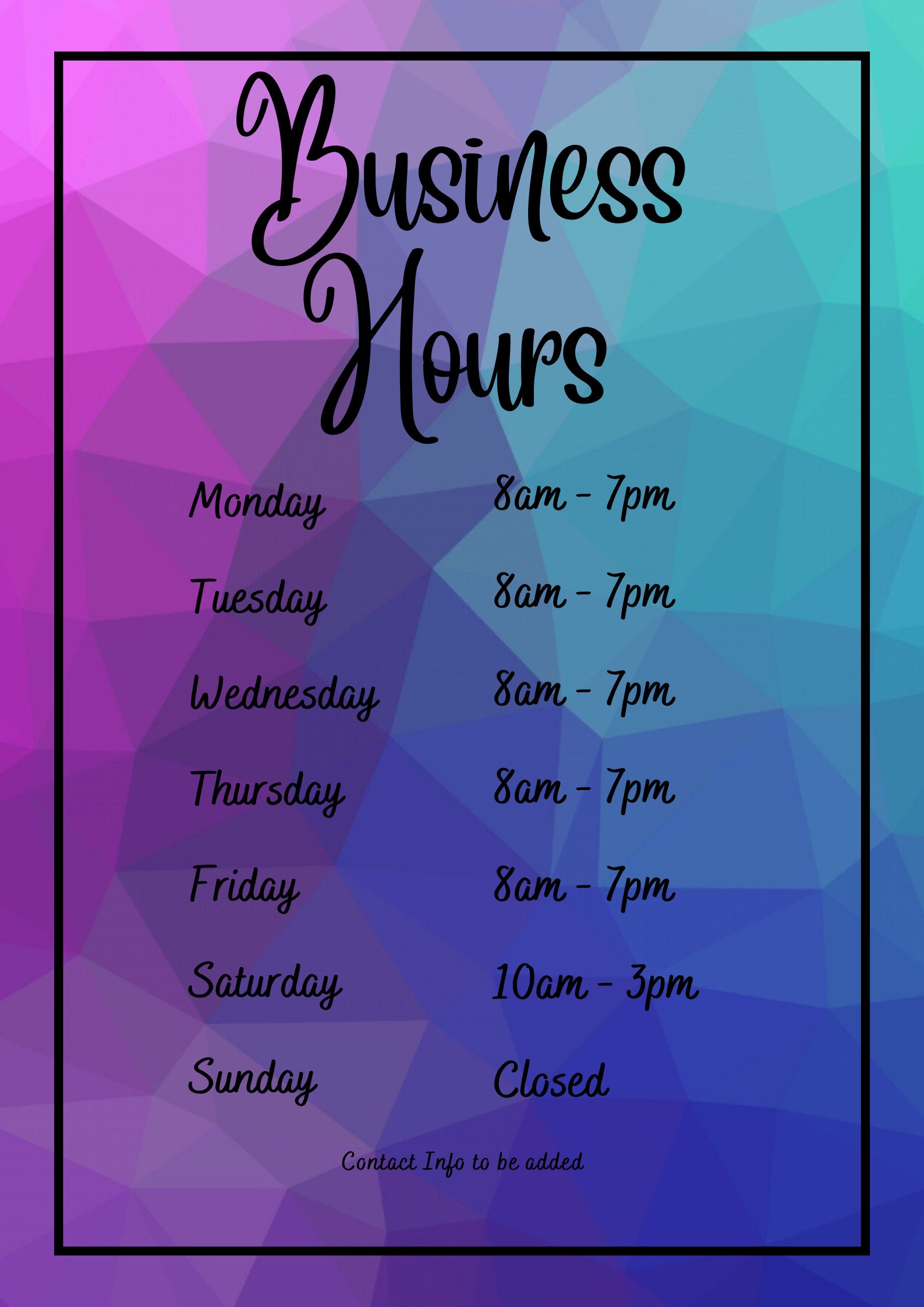 Digital Custom Business Hours Poster Sign | Personalized Business Hours ...