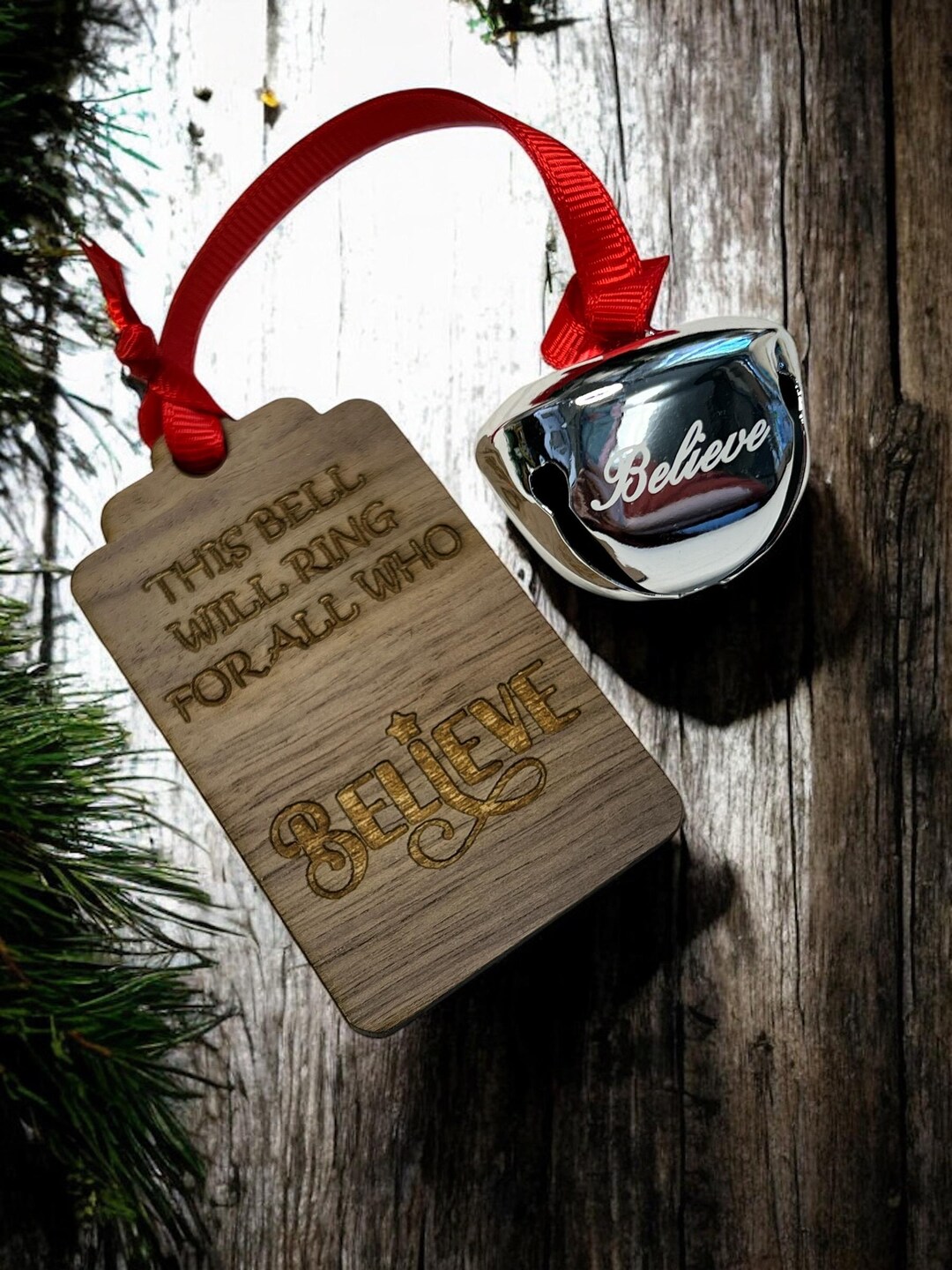 Customized "believe" Christmas Bell Ornament With Walnut Tag & Red ...