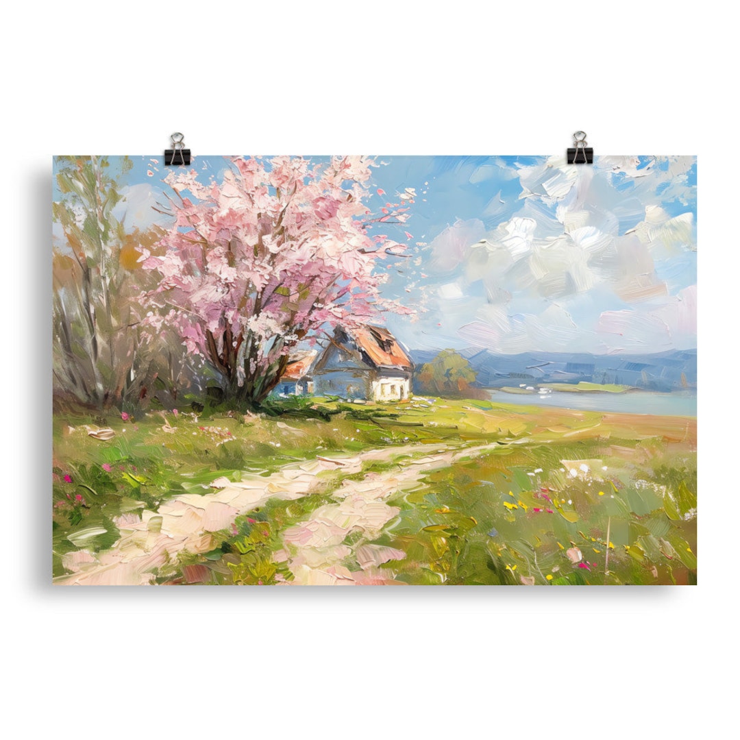 Vintage Inspired Spring Landscape Oil Painting Poster, Country Cottage ...
