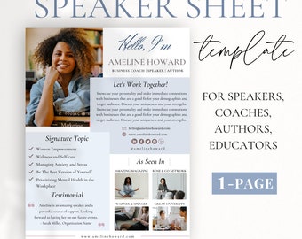 Speaker Sheet Canva Template, Professional Speaker Sheet, Author Media Kit, Keynote Speaker ...
