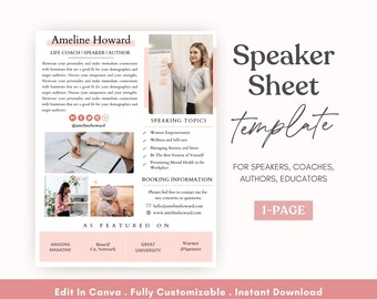 Speaker Sheet Canva Template, Professional Speaker Sheet, Author Media Kit, Keynote Speaker ...