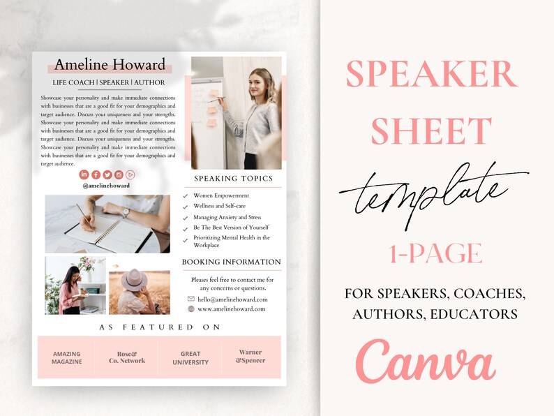 Speaker Sheet Canva Template, Professional Speaker Sheet, Author Media Kit, Keynote Speaker ...