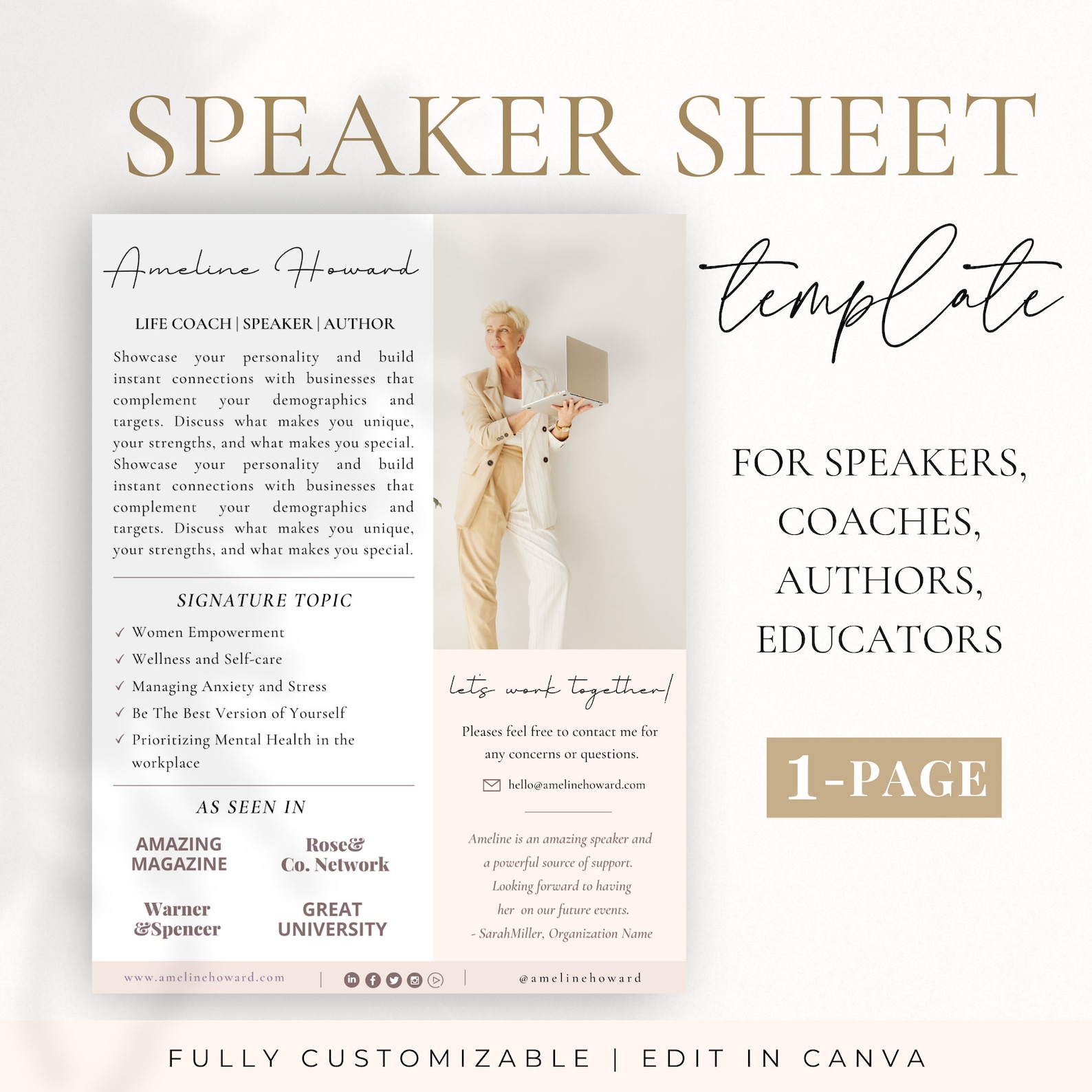 Speaker Sheet Canva Template, Professional Speaker Sheet, Author Media ...