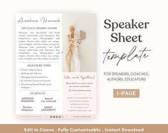 Speaker Sheet Canva Template, Professional Speaker Sheet, Author Media Kit, Keynote Speaker ...