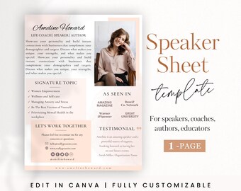 Speaker Sheet Canva Template, Professional Speaker Sheet, Author Media Kit, Keynote Speaker ...
