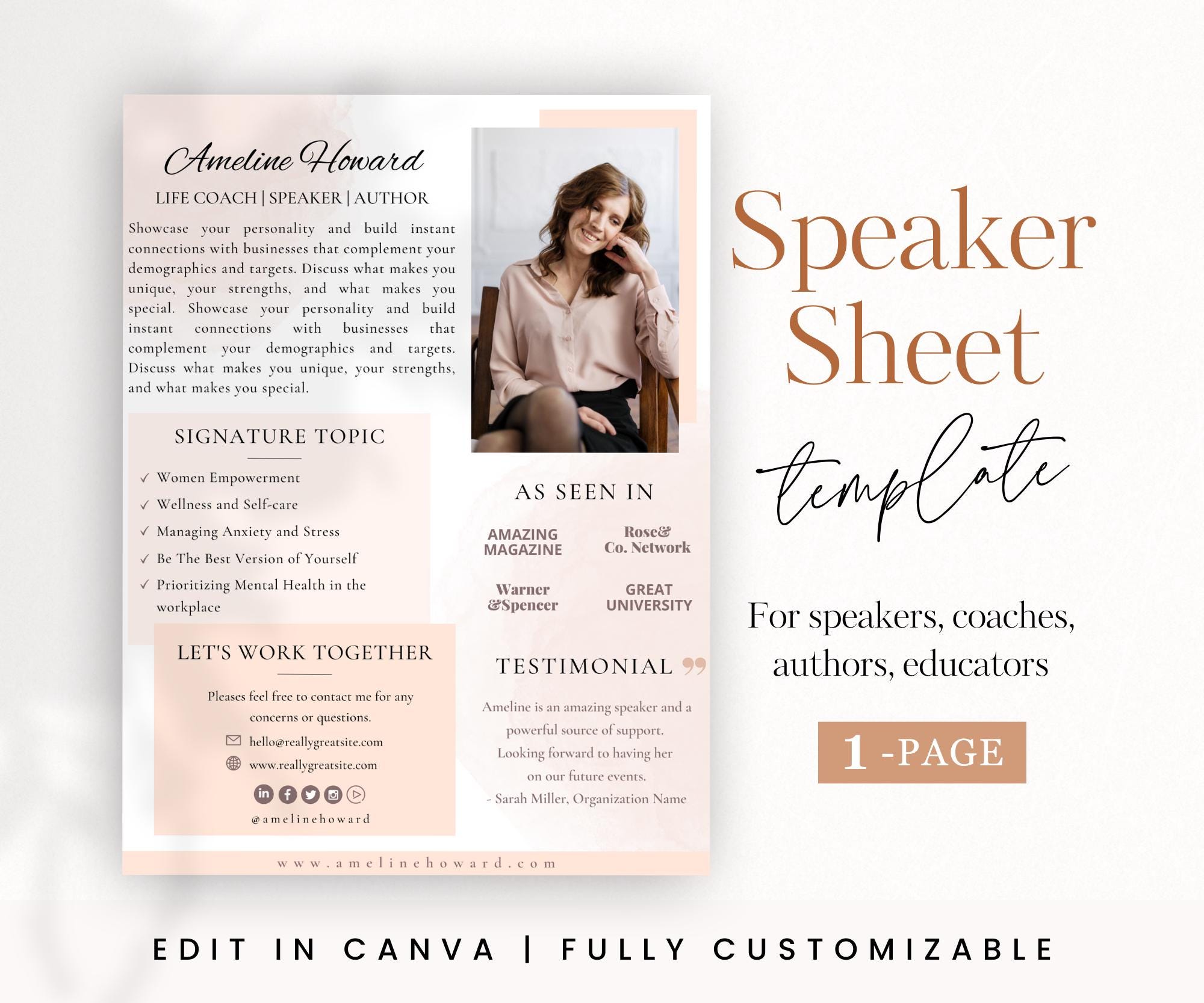 Speaker Sheet Canva Template, Professional Speaker Sheet, Author Media ...
