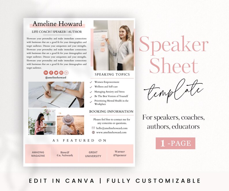 Speaker Sheet Canva Template, Professional Speaker Sheet, Author Media ...