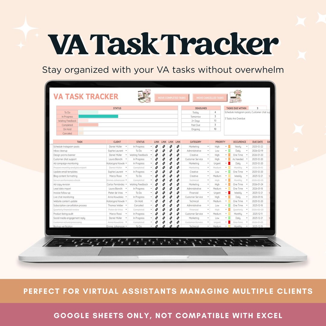 VA Task Tracker Spreadsheet, Virtual Assistant Project, Task, Client ...