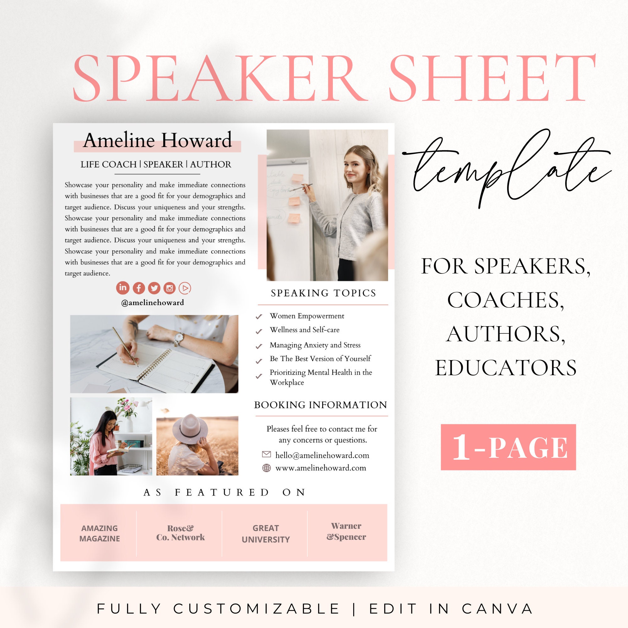 Speaker Sheet Canva Template, Professional Speaker Sheet, Author Media ...