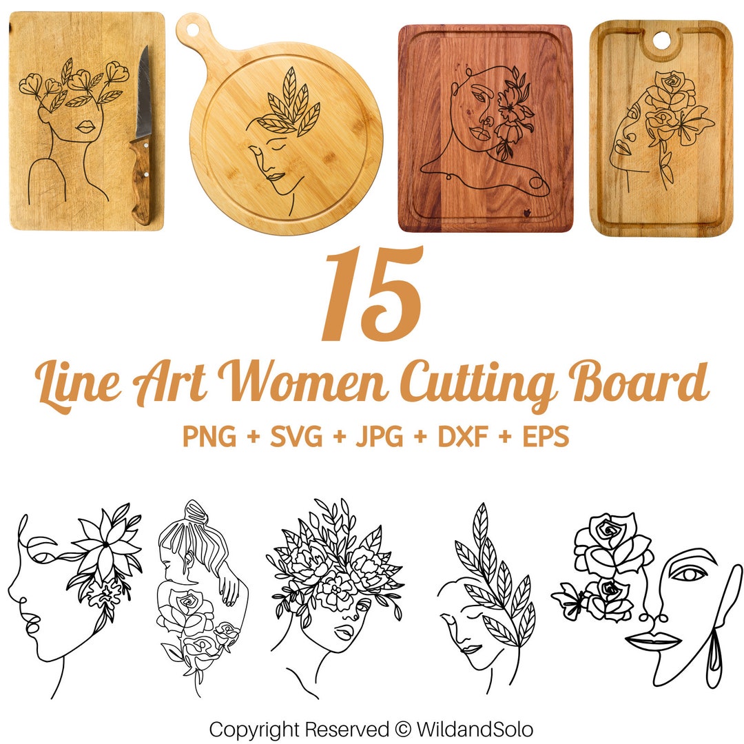 15 Lineart Cutting Board Svg Bundle, Line Art Face Svg, Woman Floral ...