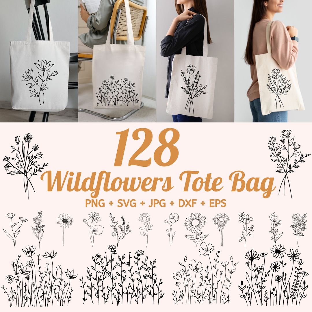 128 Wildflower Tote Bag Svg Bundle, Bouquet SVG, Flower Border Svg ...