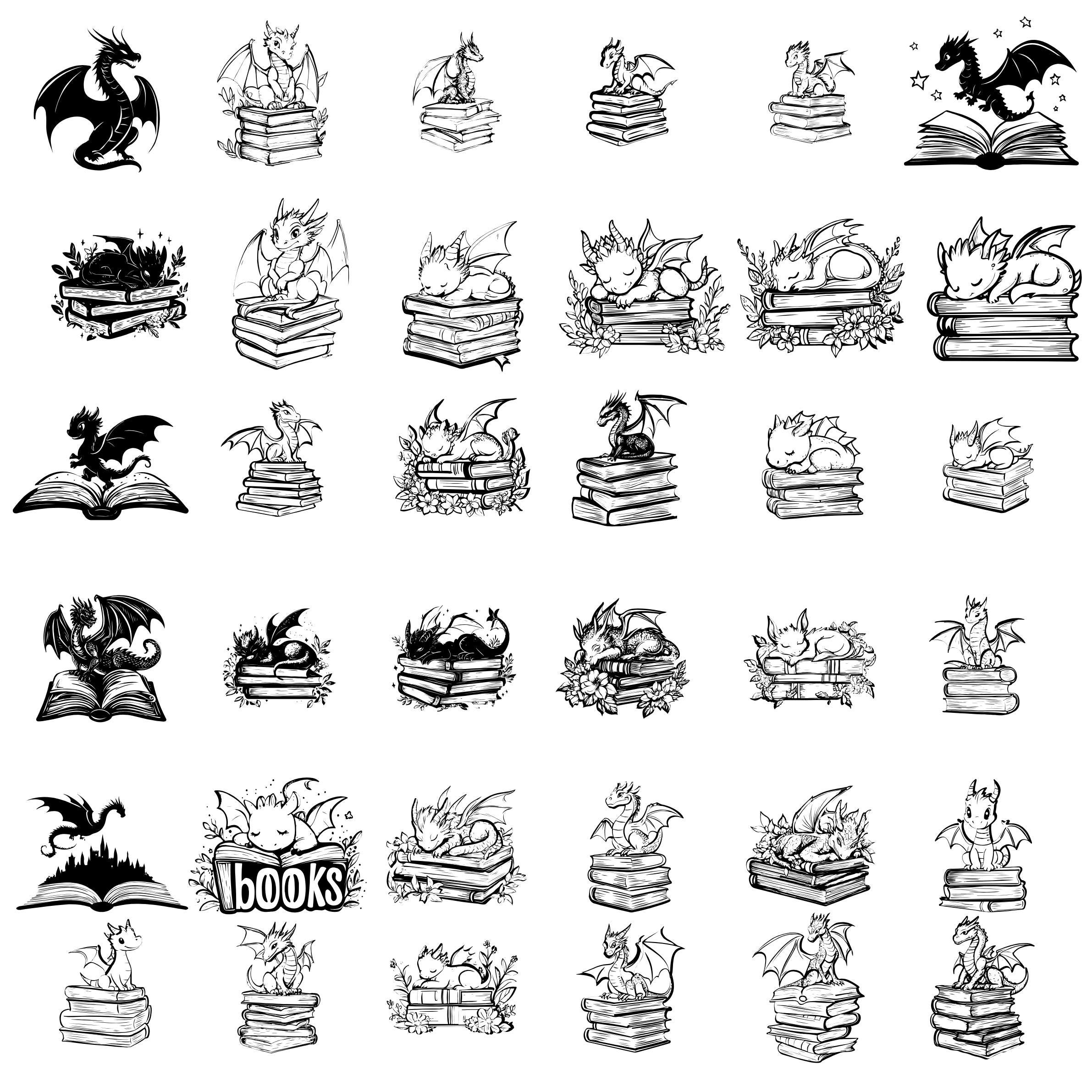 Book Dragon SVG Design, Dragon Reading Clipart, Book Lover SVG Bundle ...