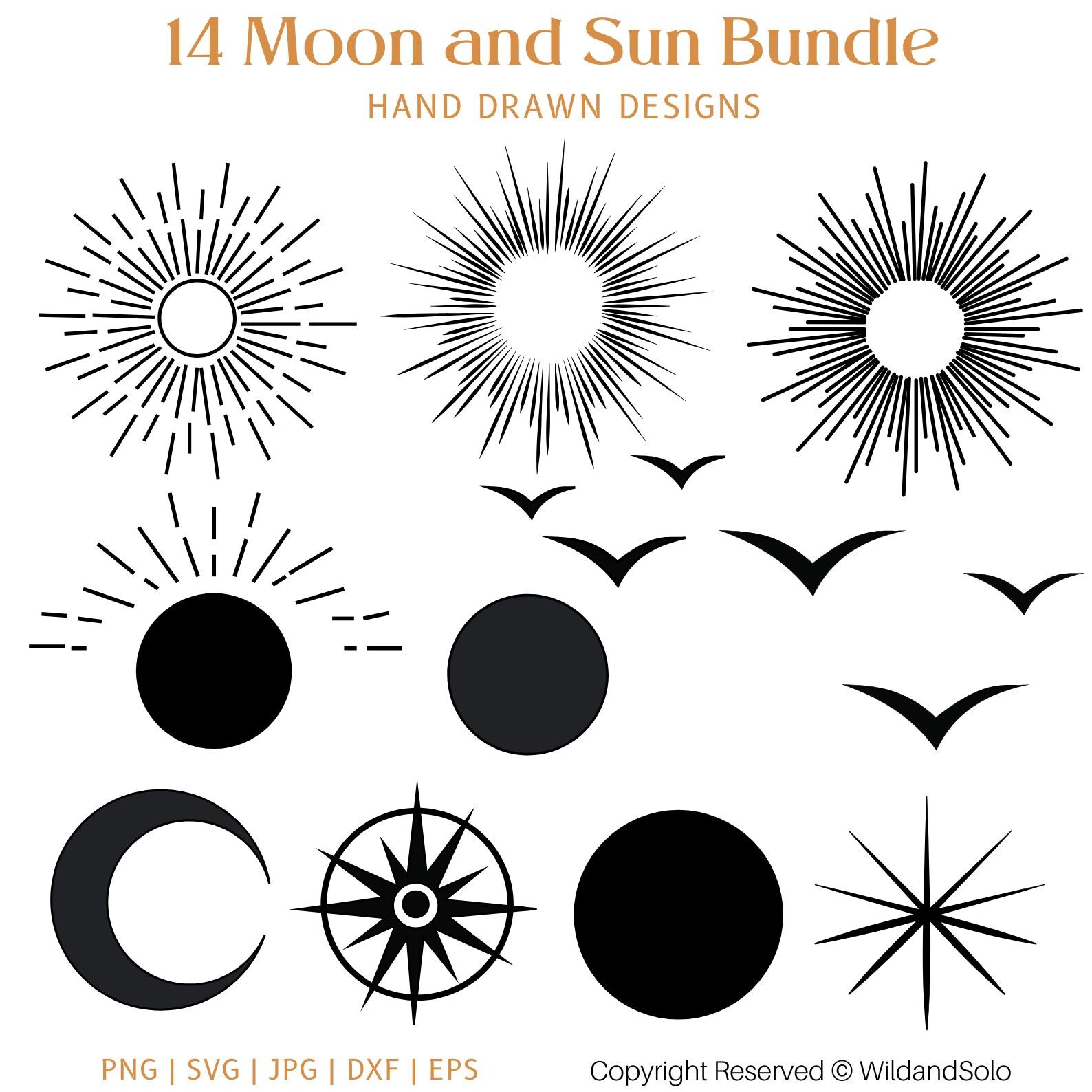 14 Moon and Sun Svg Bundle, Sun Moon Boho Calestial Svg, Moon Drawing ...