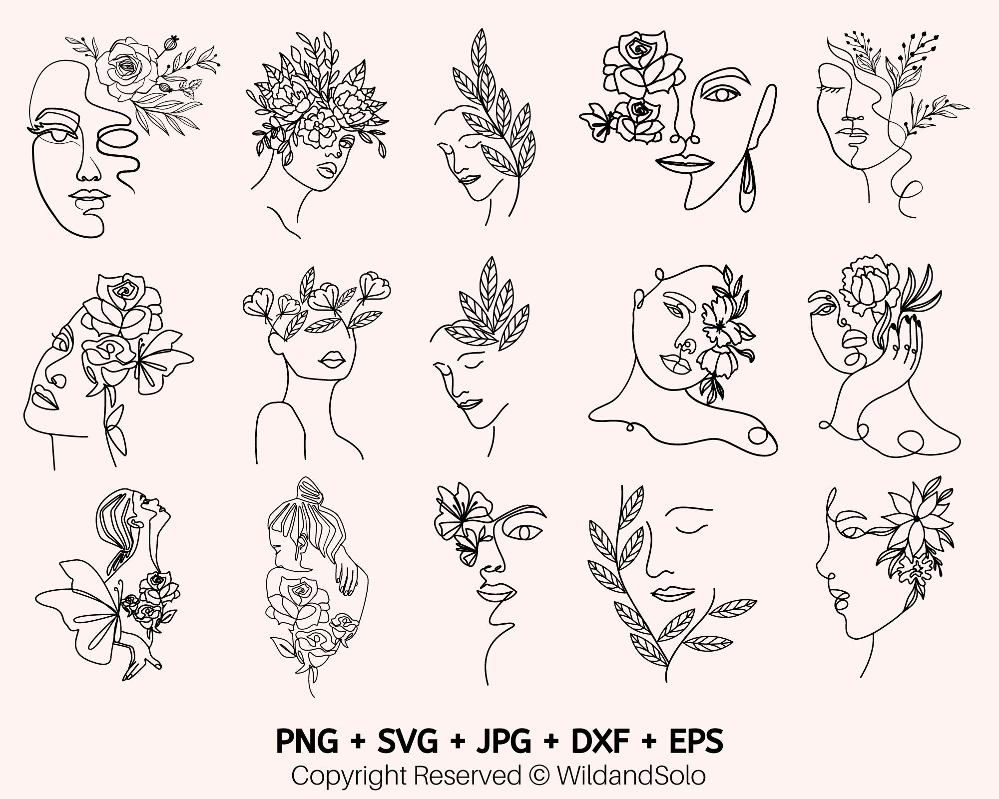 15 Flowers in Hair Svg Faces Woman Floral Line Art SVG Line - Etsy Canada