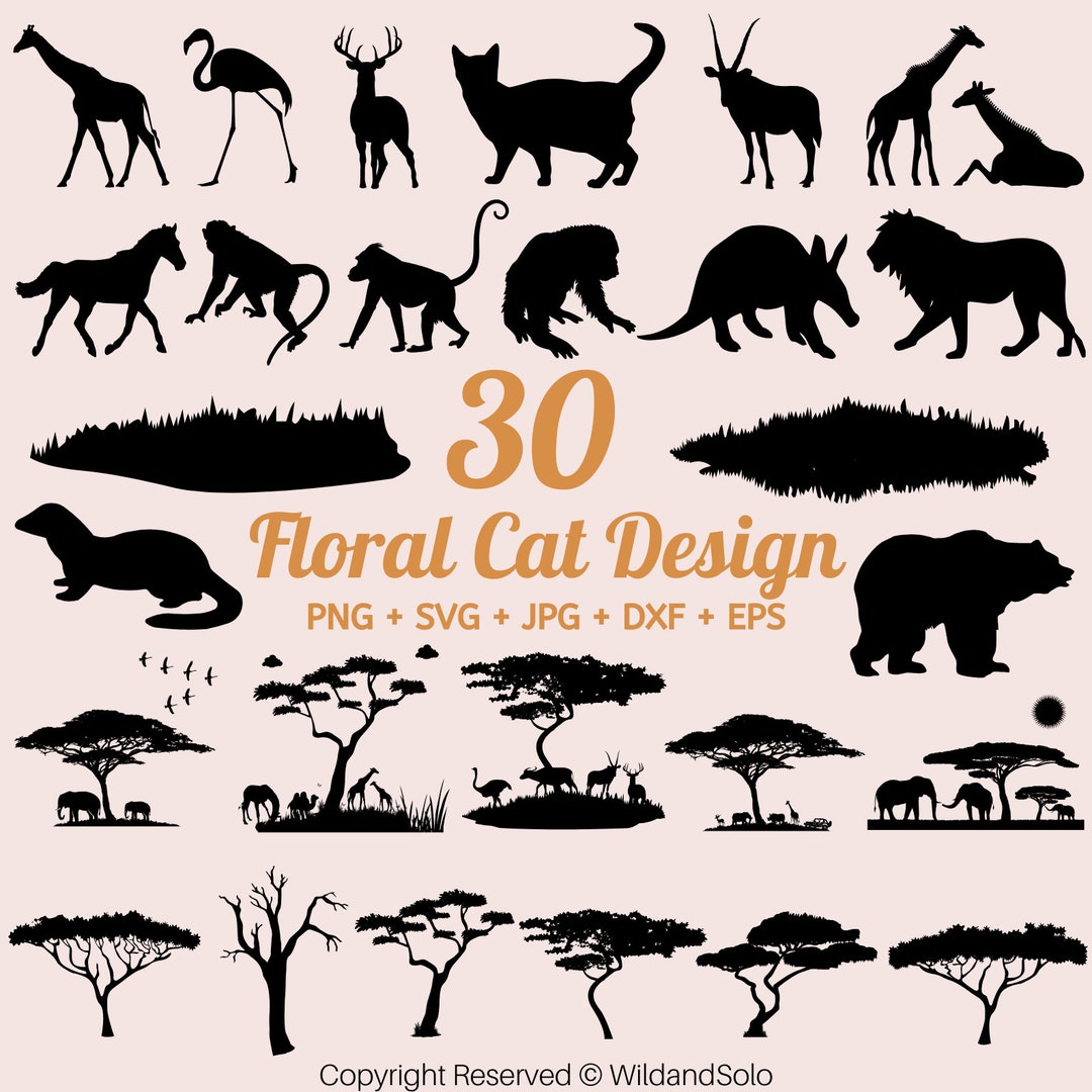 30 Safari Animals Clipart Svg, Safari Scene Cut File, Grass Svg, Trees ...