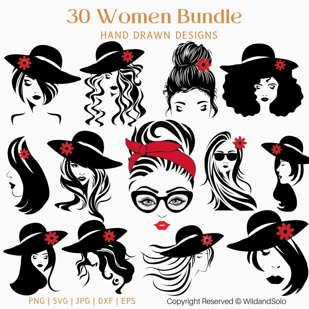 30 Women Svg Bundle, Flowers in Hair, Female Face Svg, Women Line Art ...
