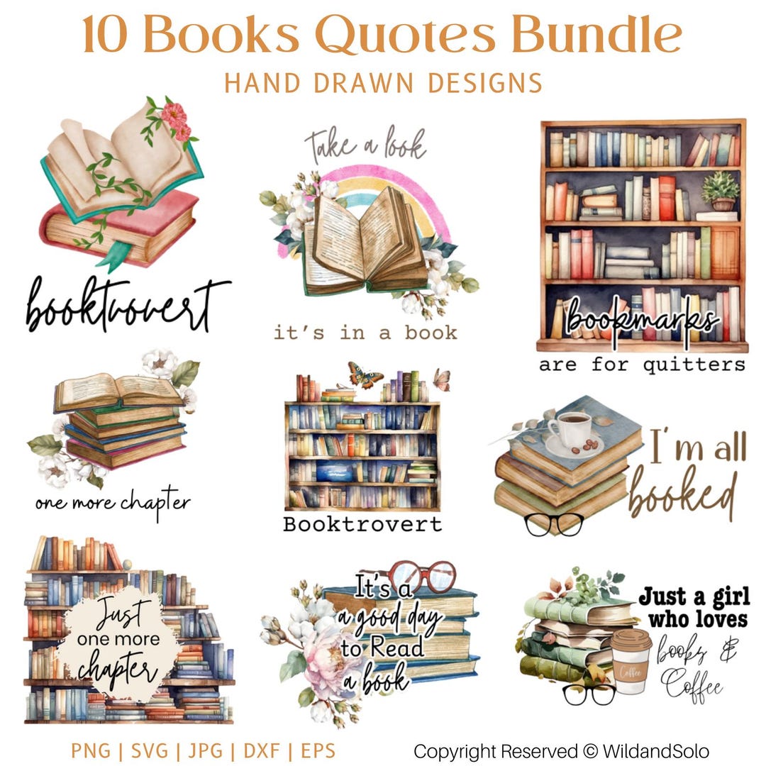 10 Books Quotes Svg Bundle, Book Reading Png, Book Lover Svg, Book ...