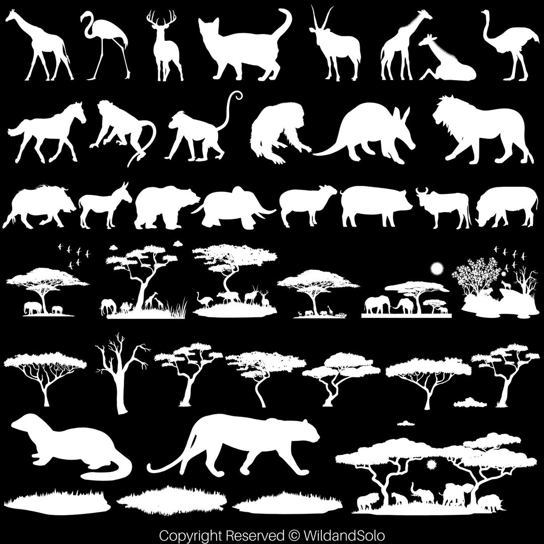 30 Safari Animals Clipart Svg, Safari Scene Cut File, Grass Svg, Trees ...