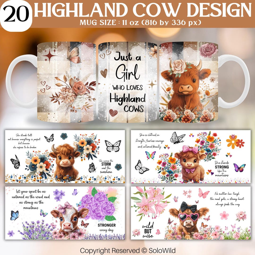 11 Oz Mug Highland Cows PNG Design, 11 Oz Mug Wrap, Sublimation Design ...