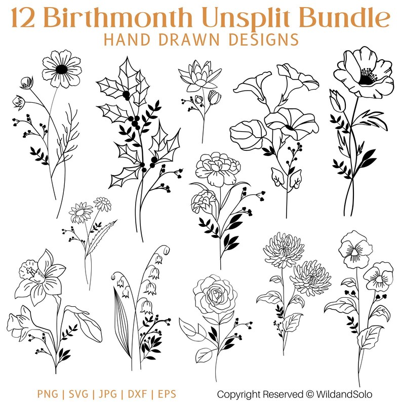 12 Birth Month Unsplit Svg Bundle, Birth Flower Png, Wildflower Birth ...