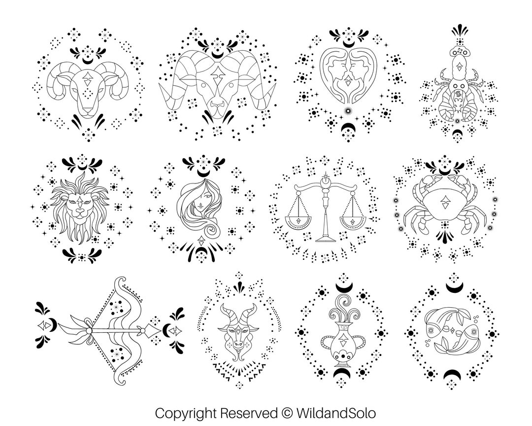 12 Outline Zodiac Signs SVG Bundle, Floral Zodiac Sign Svg, Astrology ...