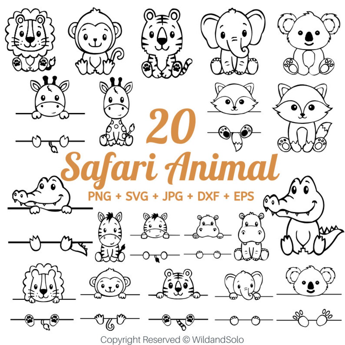Safari Animals Outline SVG, Baby Teacher, Woodland Animals Svg, Split ...