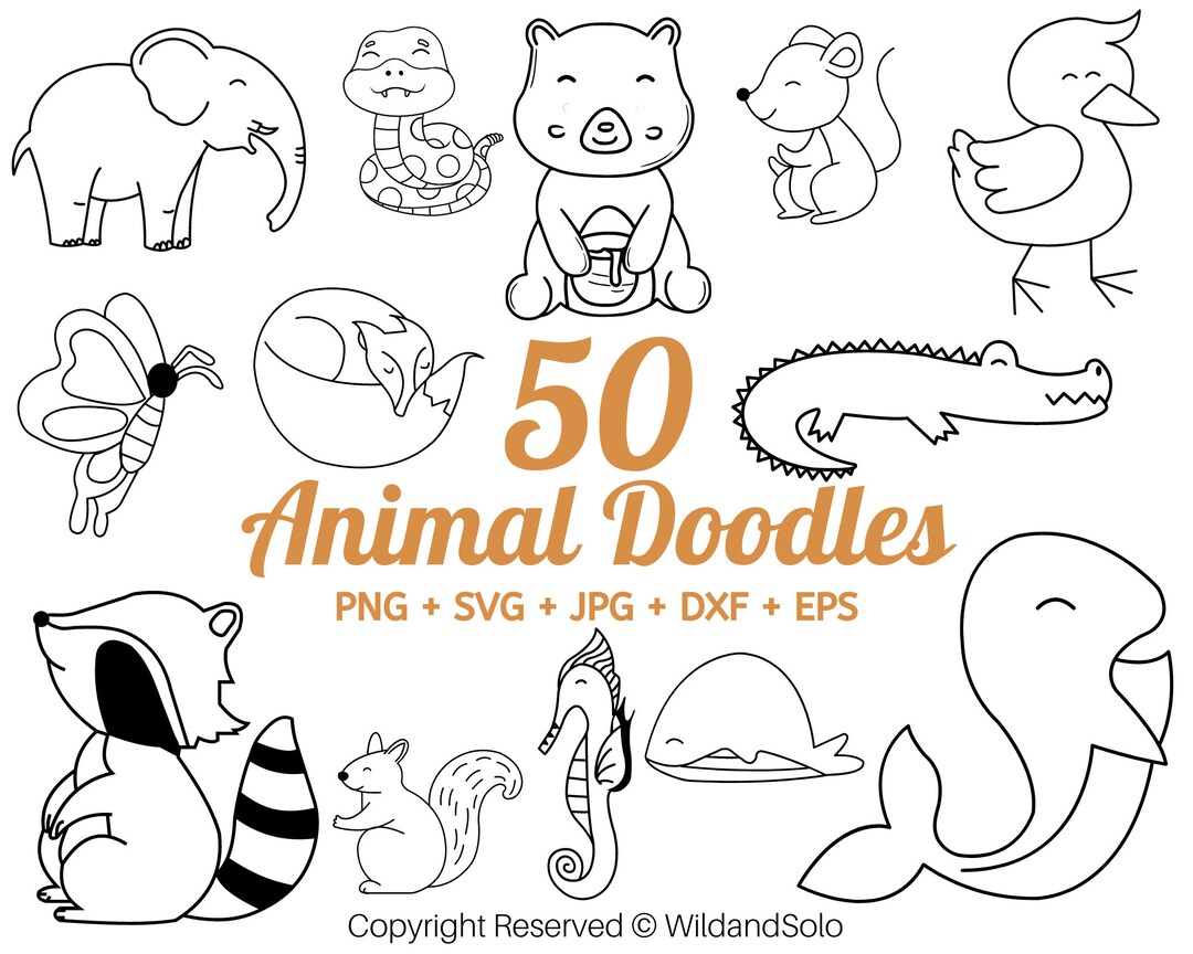 50 Animal Doodle Svg Bundle, Animal Sketch Print, Safari Animals Svg ...