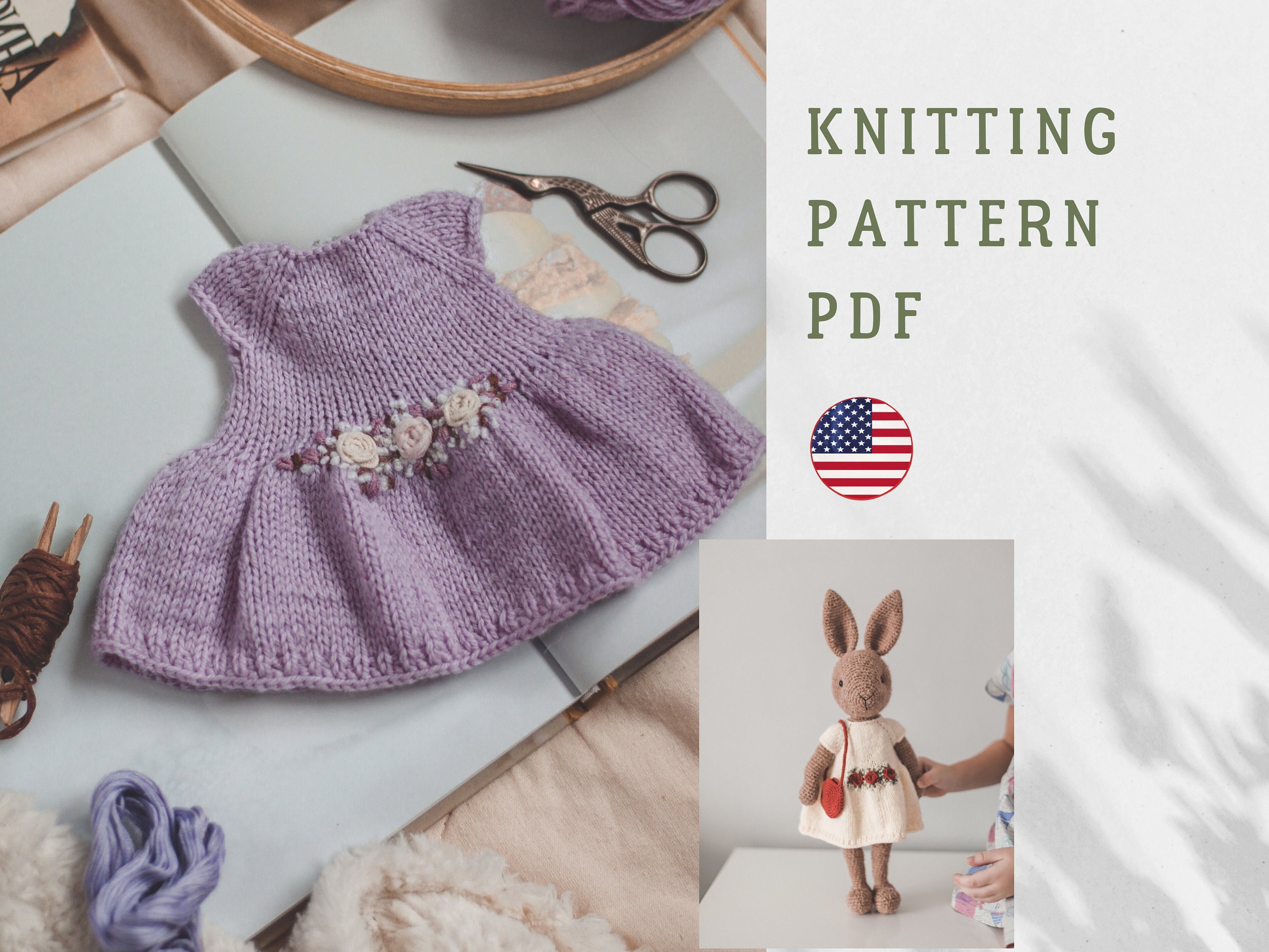 PDF PATTERN Knitted Bunny Dress With Embroidery + Crochet Bag, Stuffed ...