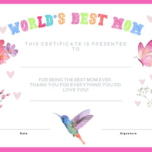 World’s Best Mom Certificate Printable – Mother's Day Gift, Birthday ...