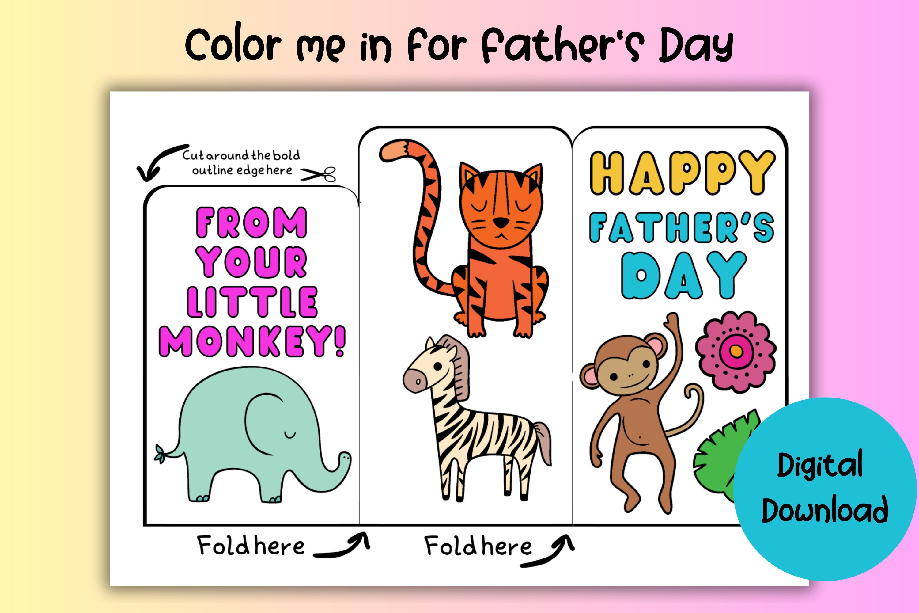 Cute Father's Day Safari Colouring Page Card Printable to Print, Cut ...