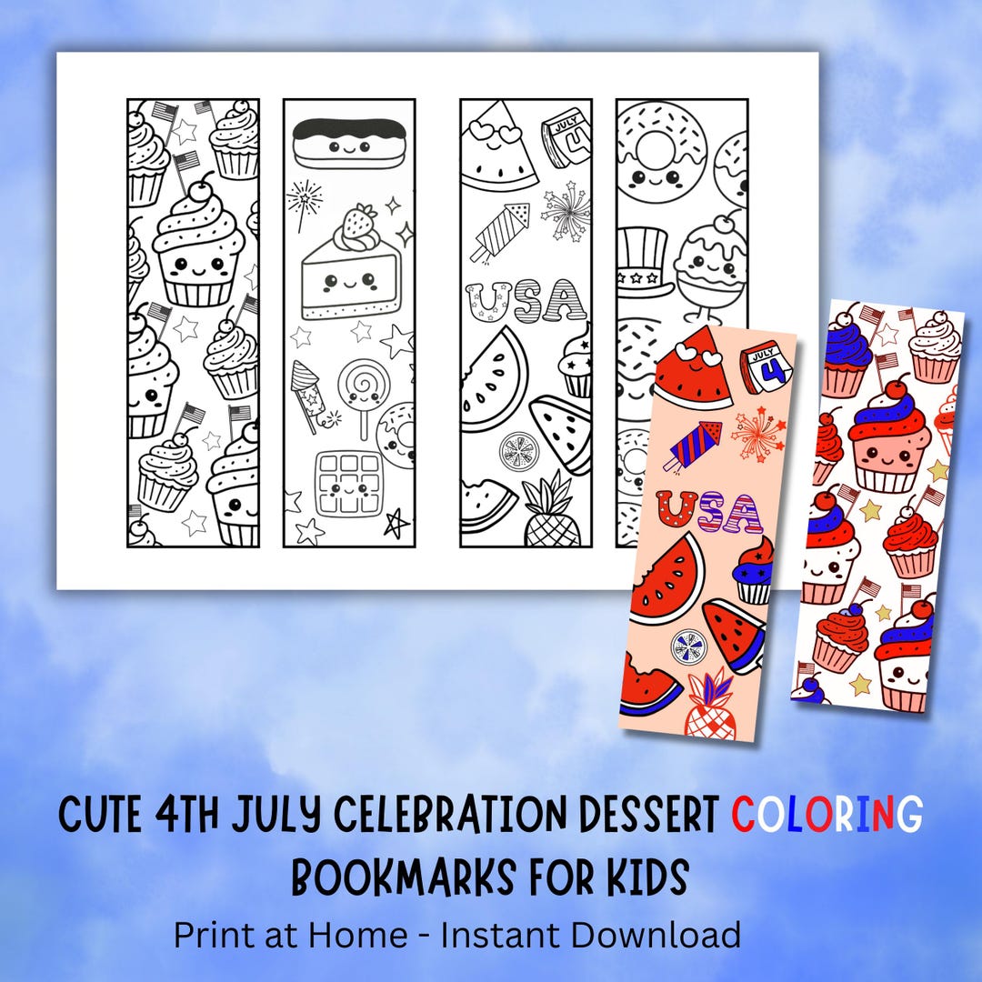 4th July Coloring Bookmarks: Kawaii Patriotic Food Craft (PDF Printable ...