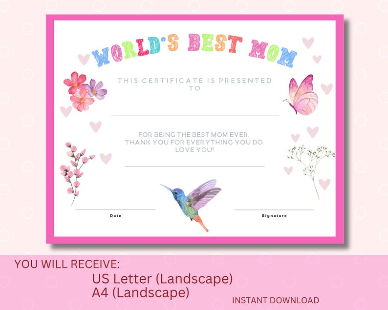 World’s Best Mom Certificate Printable – Mother's Day Gift, Birthday ...