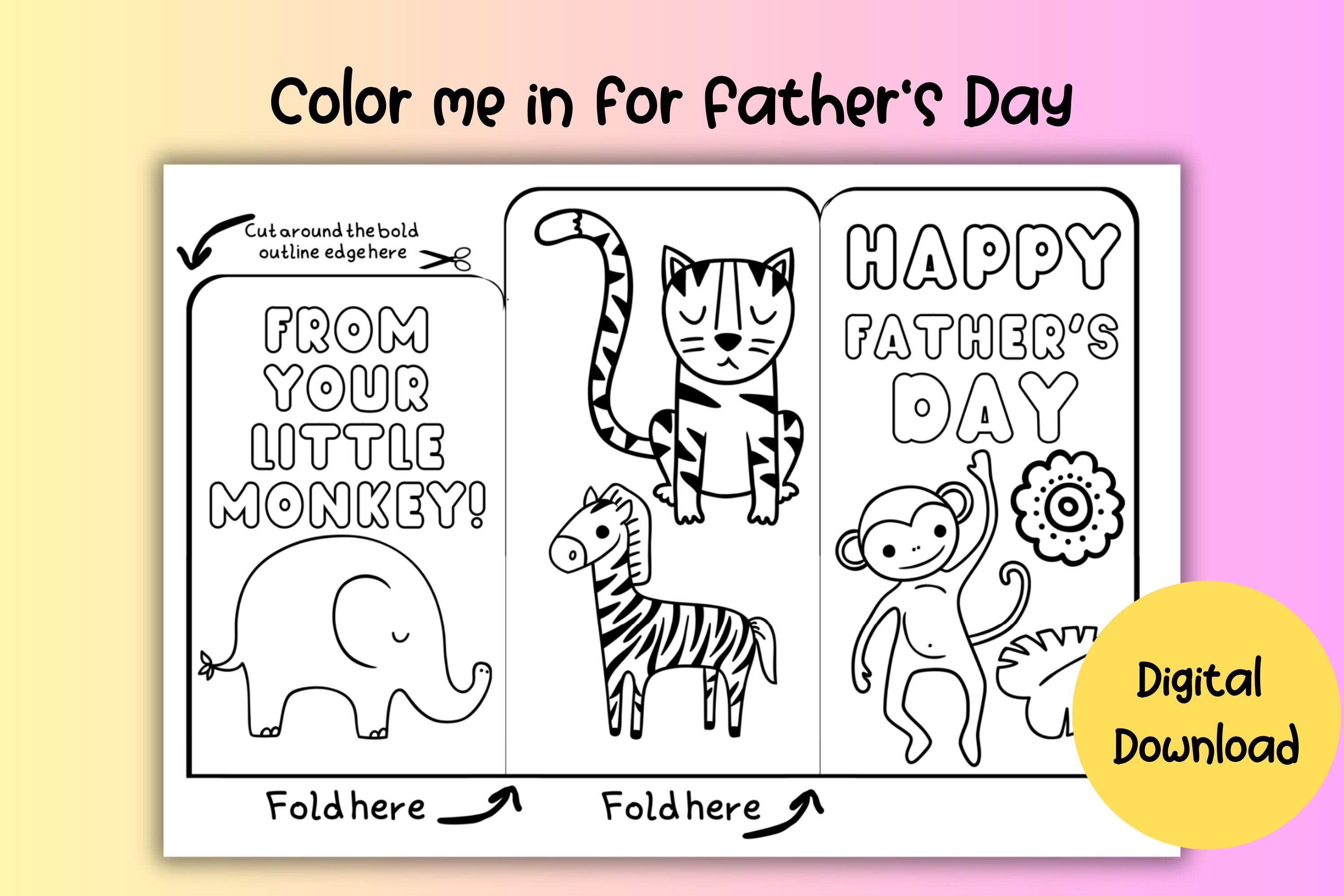 Cute Father's Day Safari Colouring Page Card Printable to Print, Cut ...