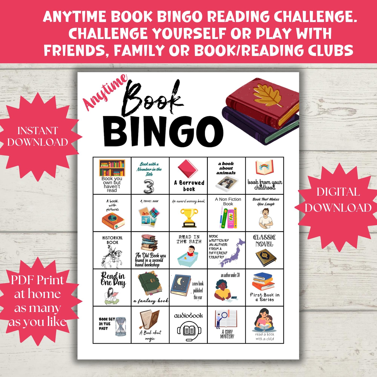 Book Bingo Reading Challenge Printable, Reading Book Club Bingo Game ...