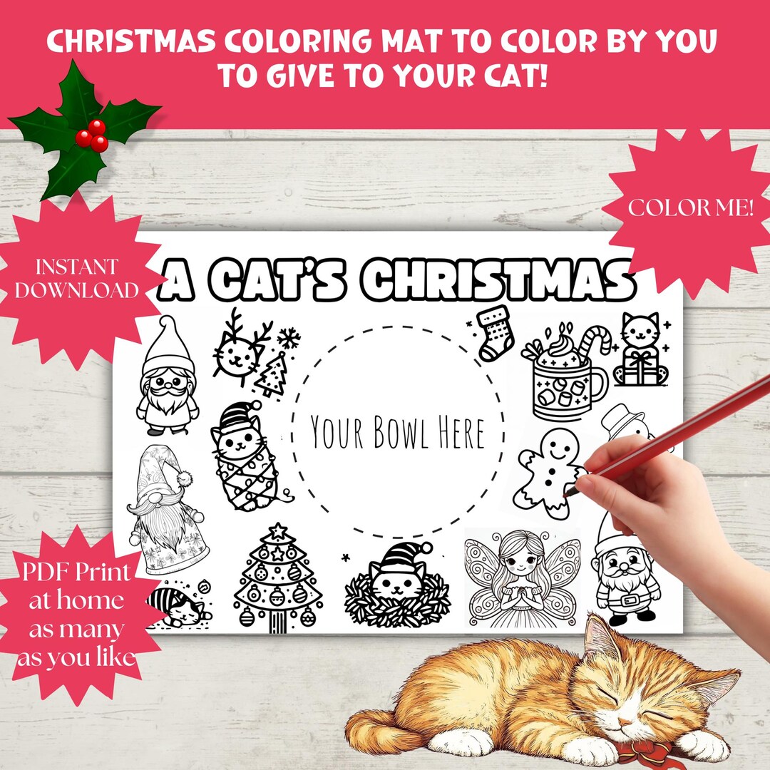 Christmas Coloring Placemat for Cats, Printable Festive Activity for ...