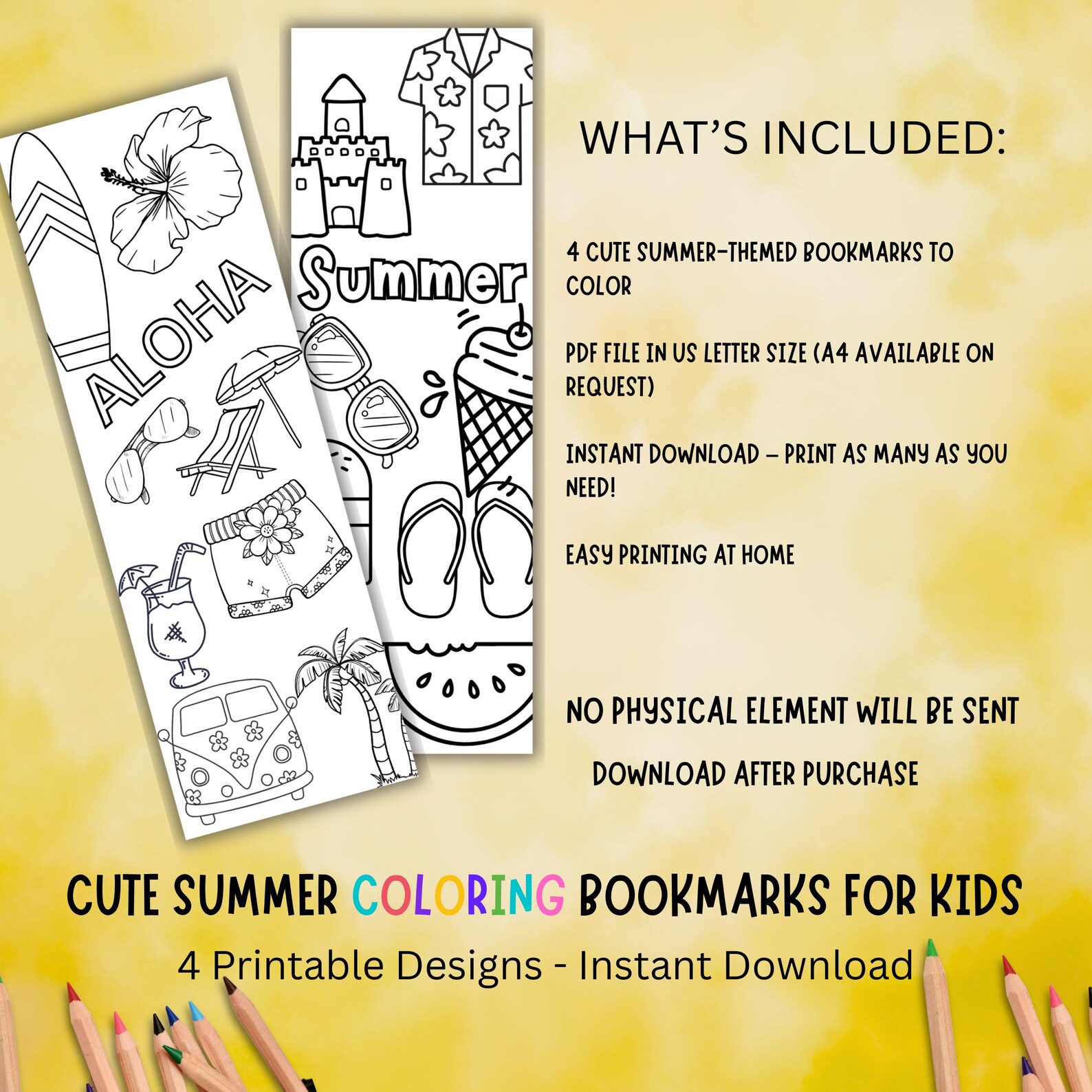 Summer Coloring Bookmarks for Kids: Fun Food & Beach Theme (PDF ...