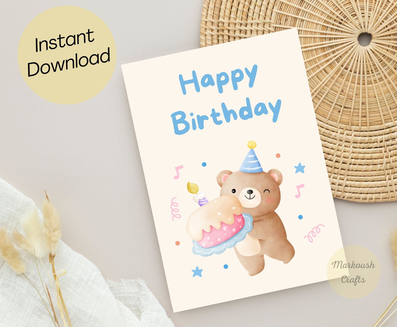 Cute Bear Birthday Card Printable, Teddy Bear Postcard, Digital Happy ...