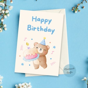 Cute Bear Birthday Card Printable, Teddy Bear Postcard, Digital Happy ...