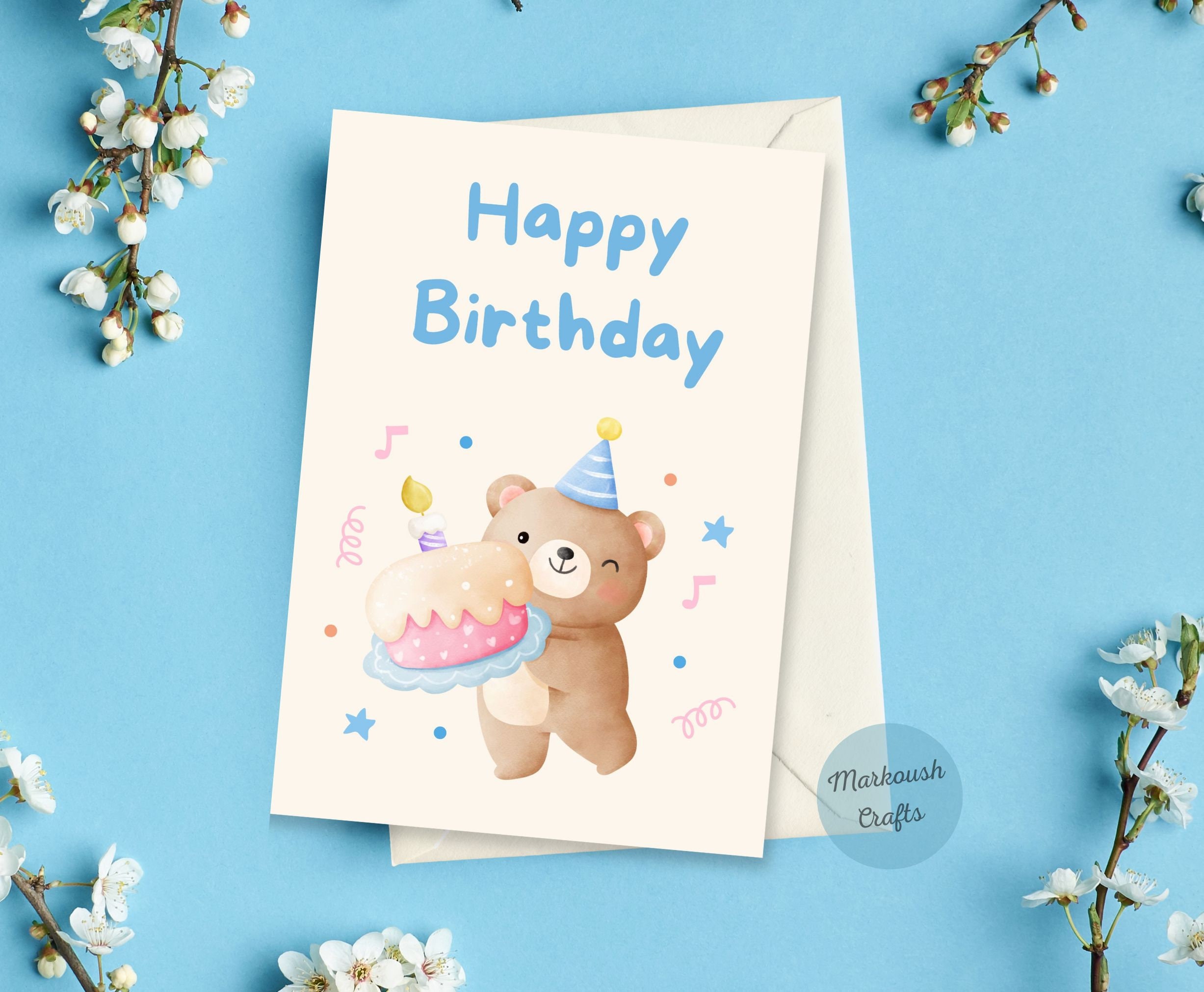 Cute Bear Birthday Card Printable, Teddy Bear Postcard, Digital Happy ...