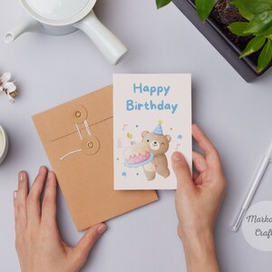 Cute Bear Birthday Card Printable, Teddy Bear Postcard, Digital Happy ...