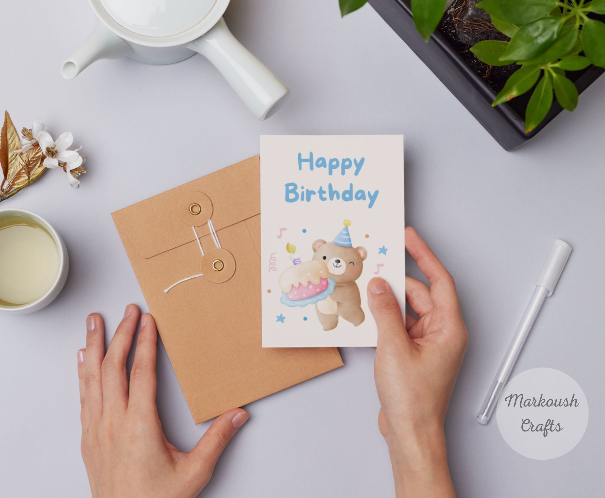 Cute Bear Birthday Card Printable, Teddy Bear Postcard, Digital Happy ...